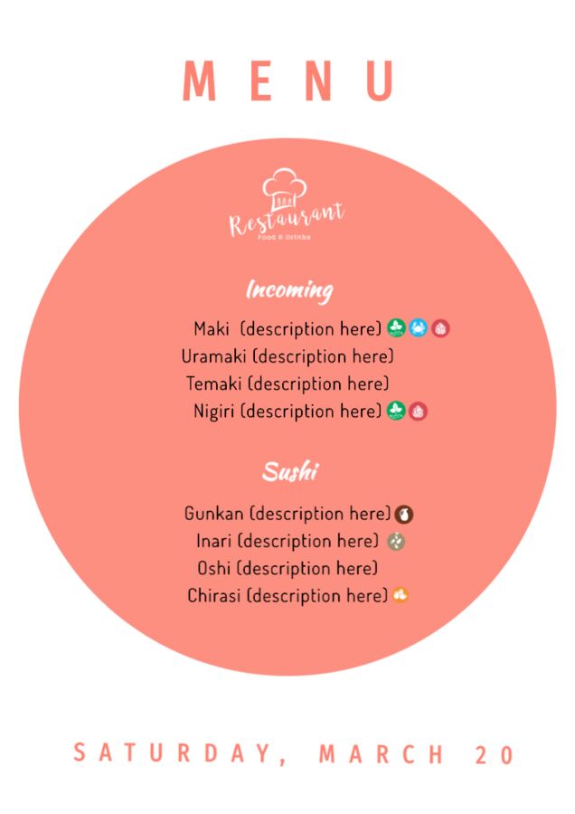 Templates of menus with allergens online editor