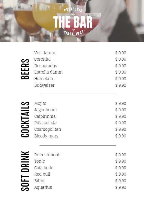 Templates For A Drink Menu