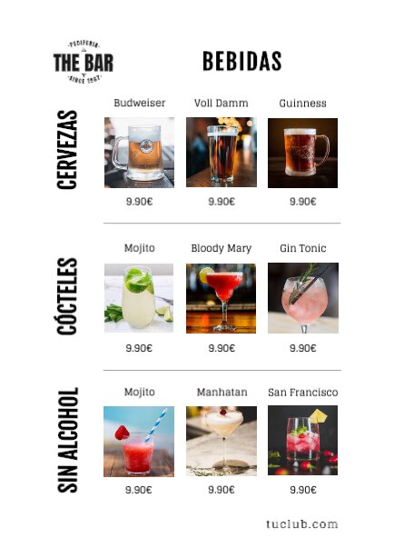Modelos para um cardápio de bebidas