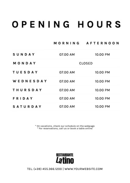 Opening Hours Templates Online