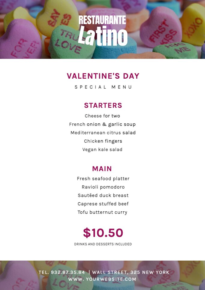 Valentine's Day and couples Restaurant Menu templates
