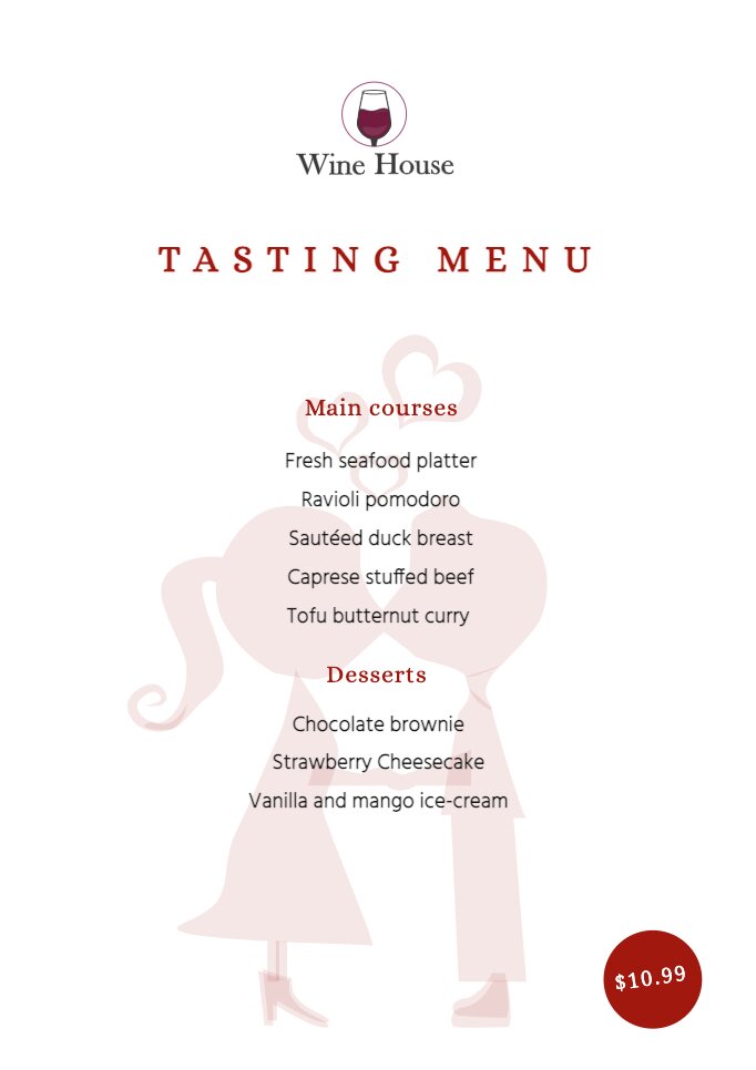 Valentine's Day and couples Restaurant Menu templates