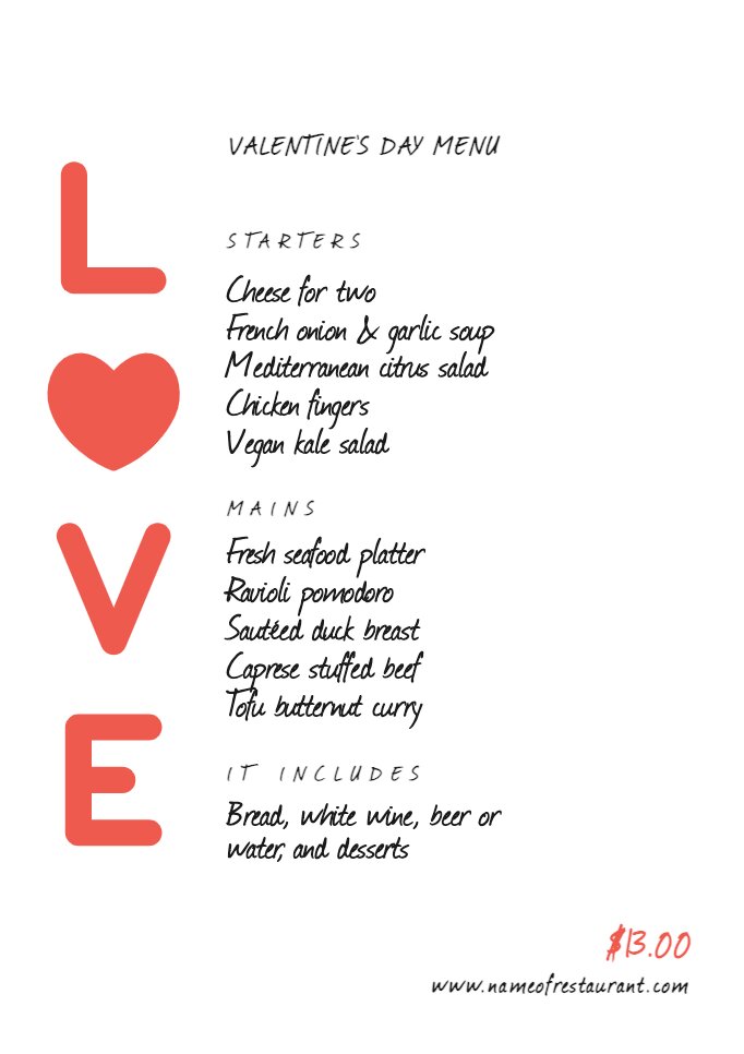 Valentine's Day and couples Restaurant Menu templates