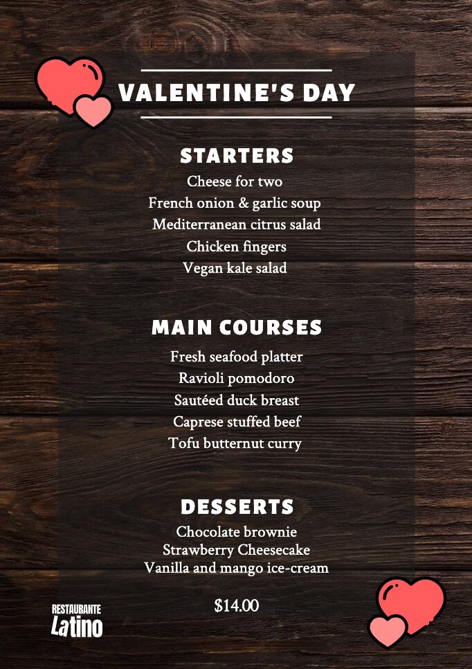 Valentine's Day and couples Restaurant Menu templates