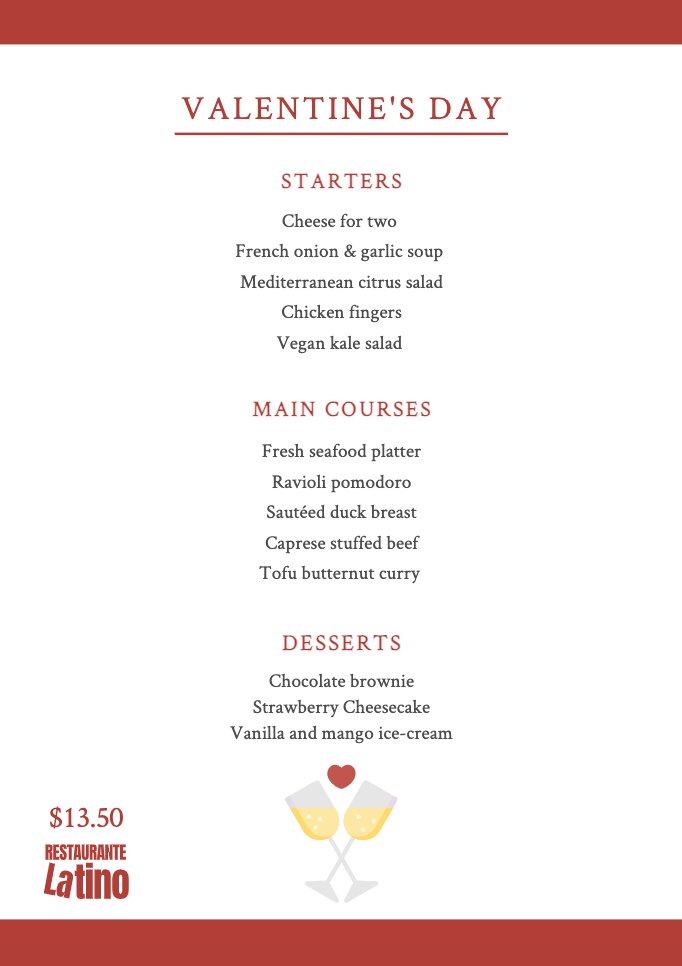 Valentine's Day and couples Restaurant Menu templates
