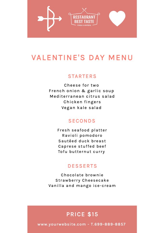 Valentine's Day and couples Restaurant Menu templates