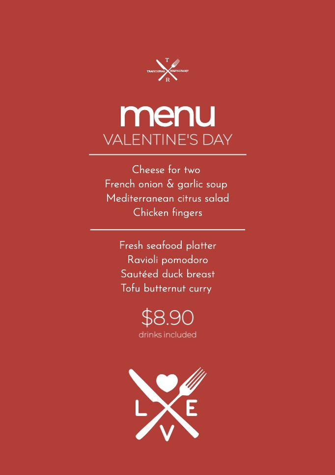 Valentine's Day and couples Restaurant Menu templates