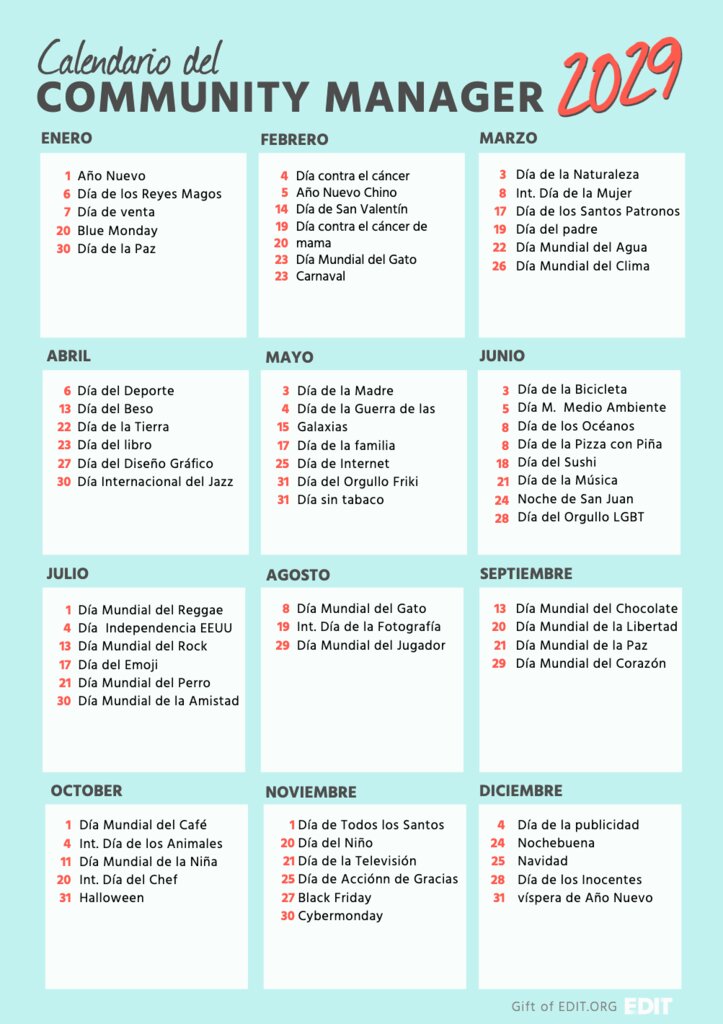 Calendario de Community Manager para 2021
