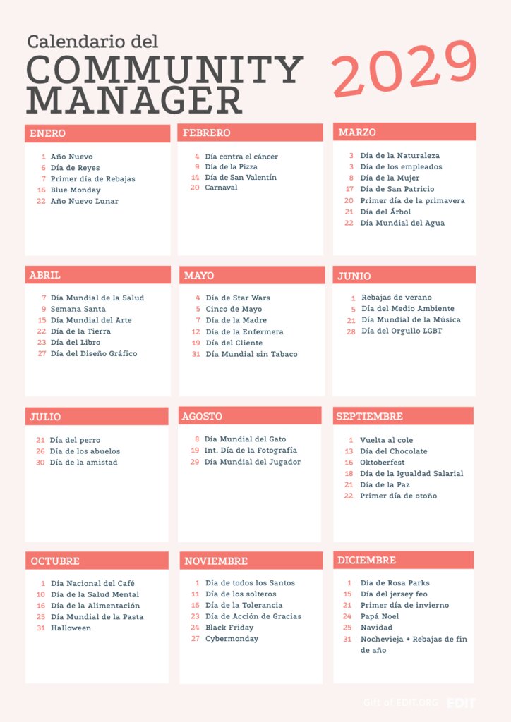 Calendario de Community Manager para 2021