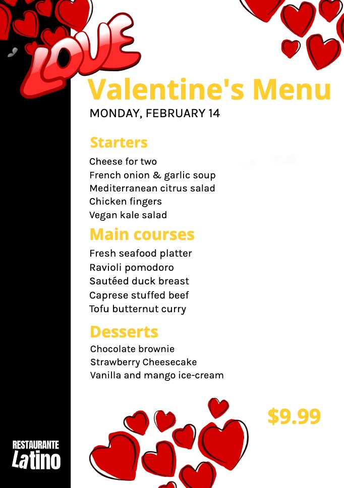 Valentine's Day and couples Restaurant Menu templates