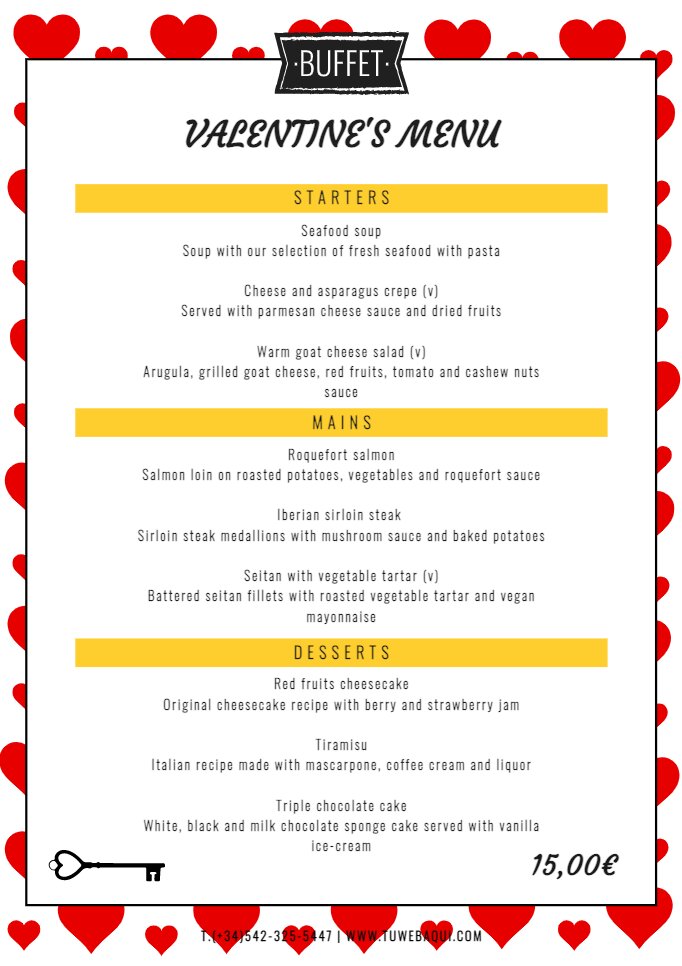 Valentine's Day and couples Restaurant Menu templates