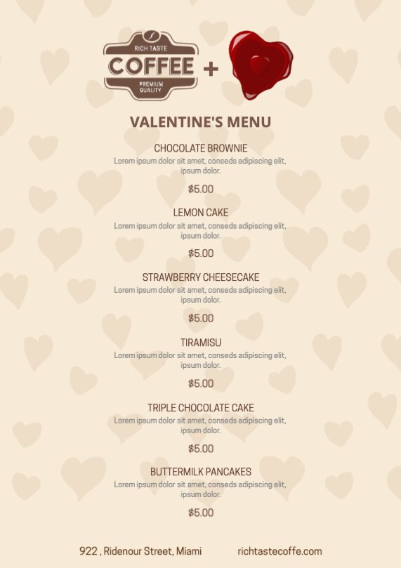 Valentine's Day and couples Restaurant Menu templates