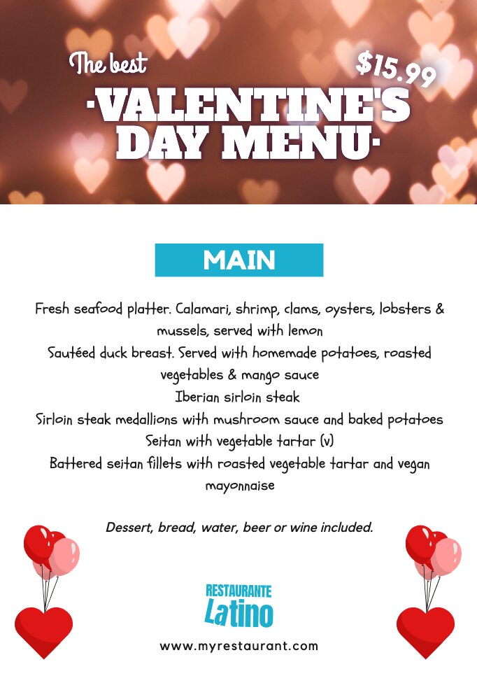 Valentine's Day and couples Restaurant Menu templates