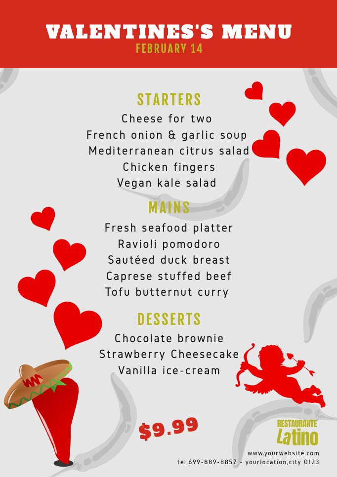 Valentine's Day and couples Restaurant Menu templates