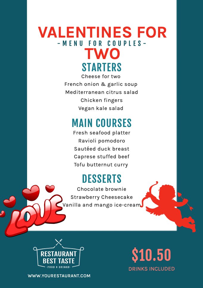 Valentine's Day restaurant menu templates
