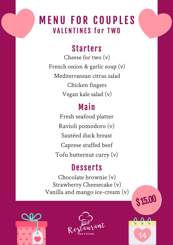 Valentine's Day restaurant menu templates