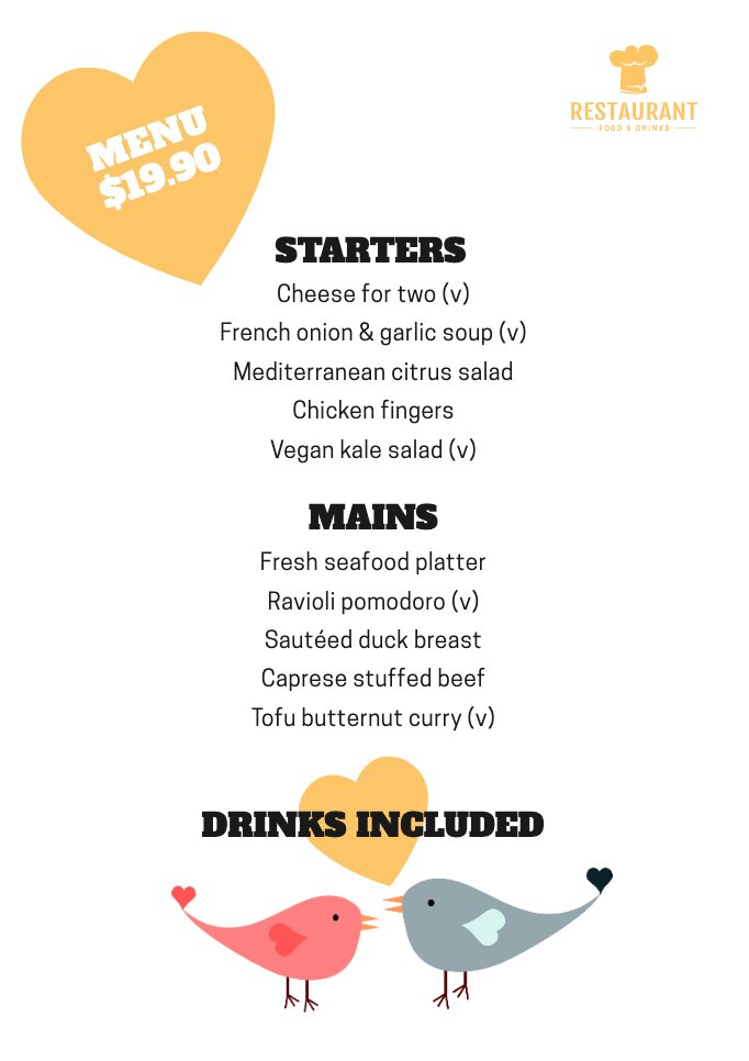 Valentine's Day and couples Restaurant Menu templates
