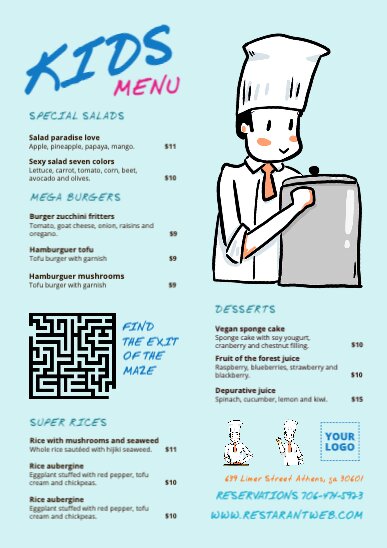 Kids menu templates for cafes and restaurants