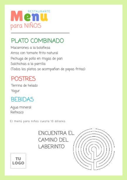 Plantillas de menú infantil para restaurantes