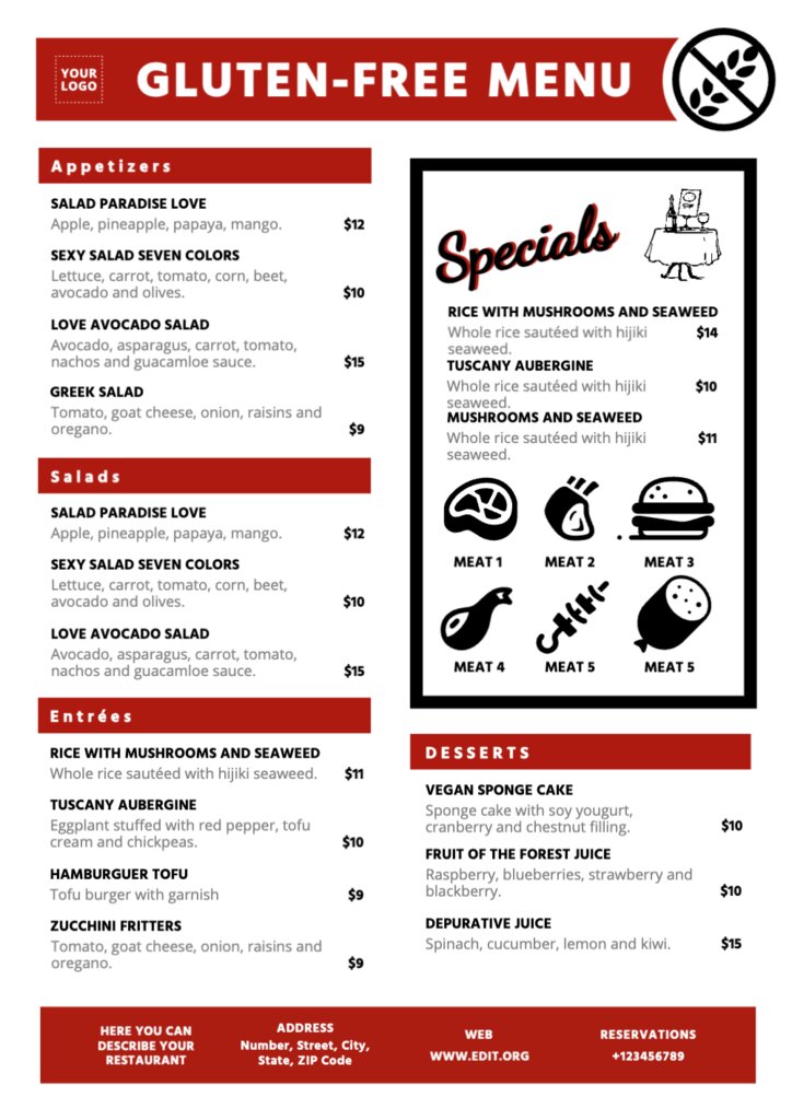 Templates of menus with allergens online editor