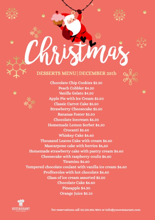 Menu templates for Christmas and New Years Eve