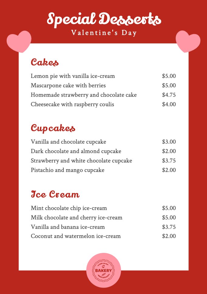 Valentine's Day restaurant menu templates