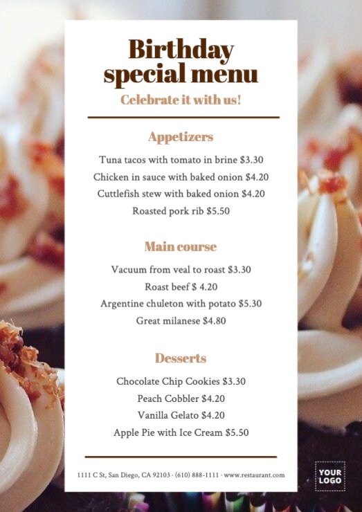 Online Customizable Birthday Menu Templates
