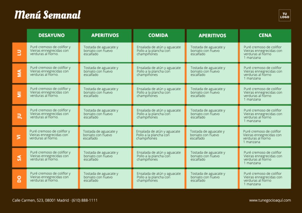 Plantillas editables online de menú semanal