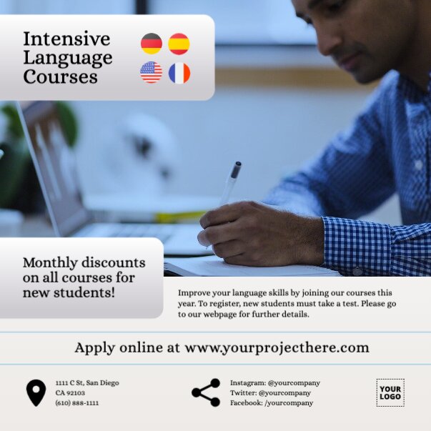 Designs for language classes and courses ads