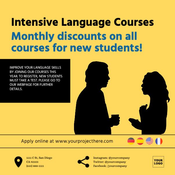 Designs for language classes and courses ads
