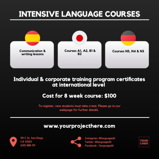 Designs for language classes and courses ads