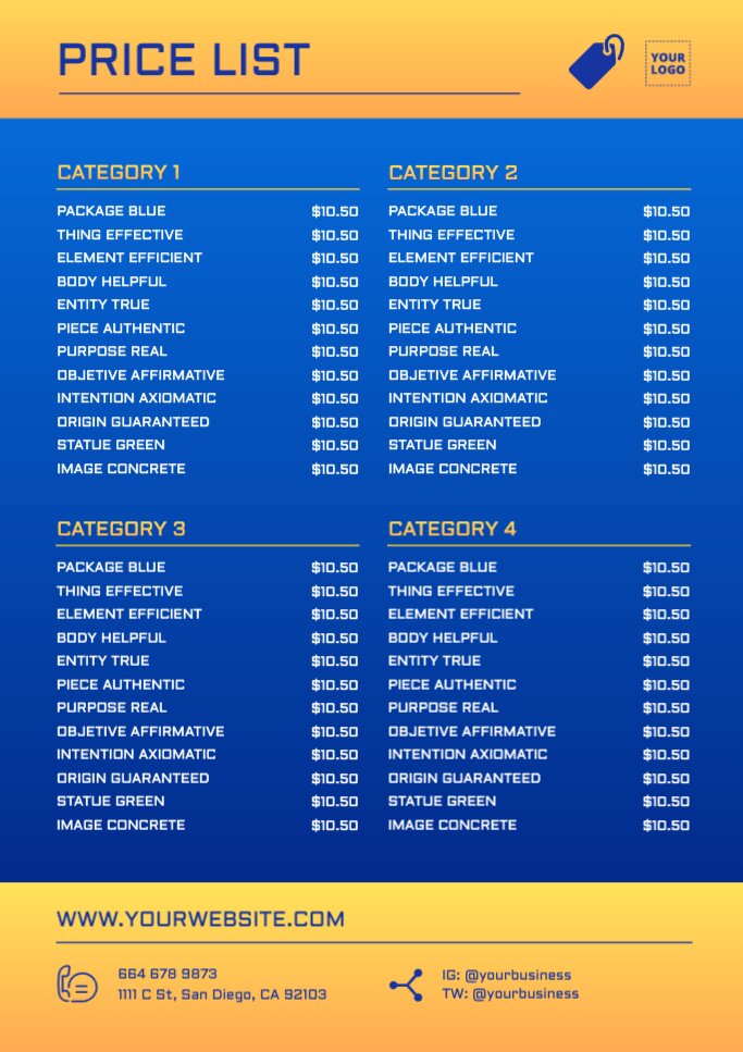 Price list templates