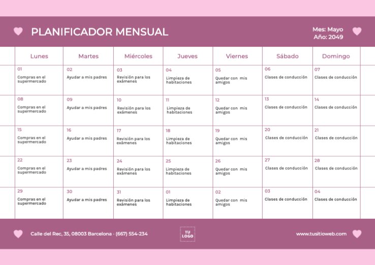 Organizadores mensuales imprimibles para editar online