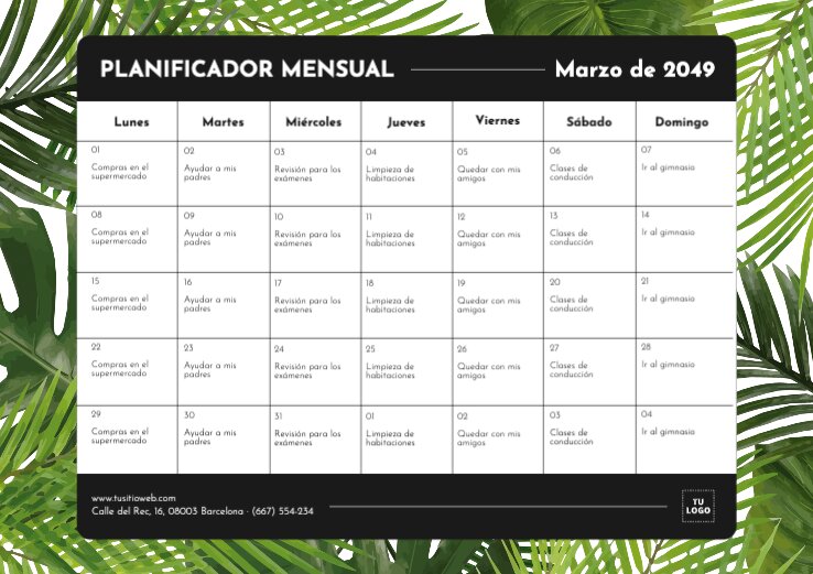 Organizadores mensuales imprimibles para editar online