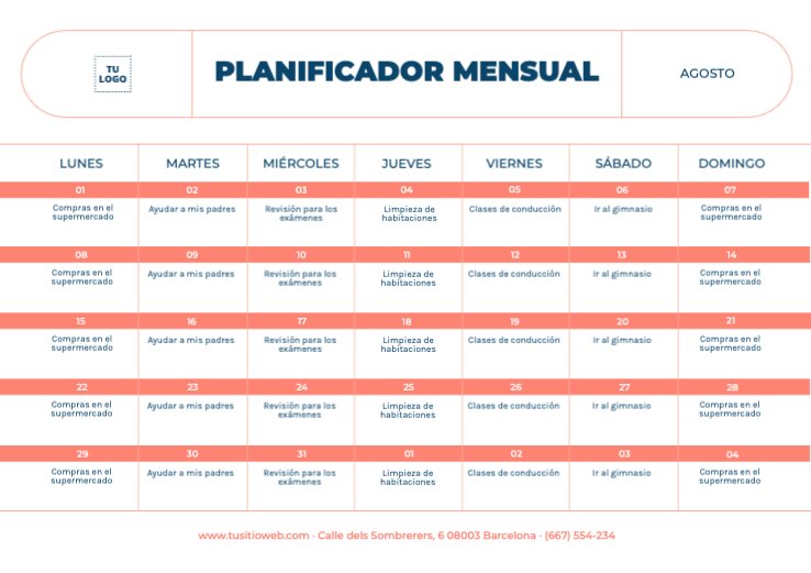 Organizadores mensuales imprimibles para editar online
