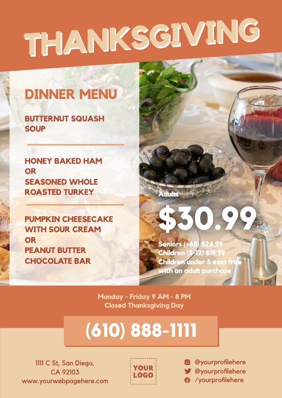 Free custom Thanksgiving menu templates