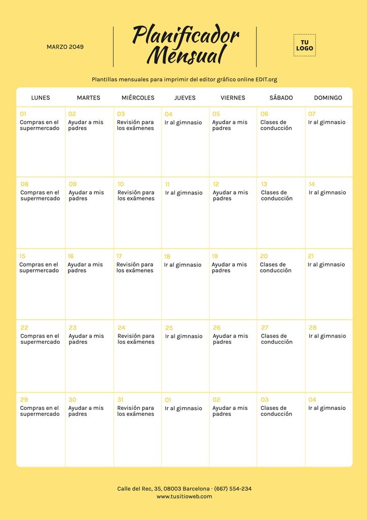 Organizadores mensuales imprimibles para editar online