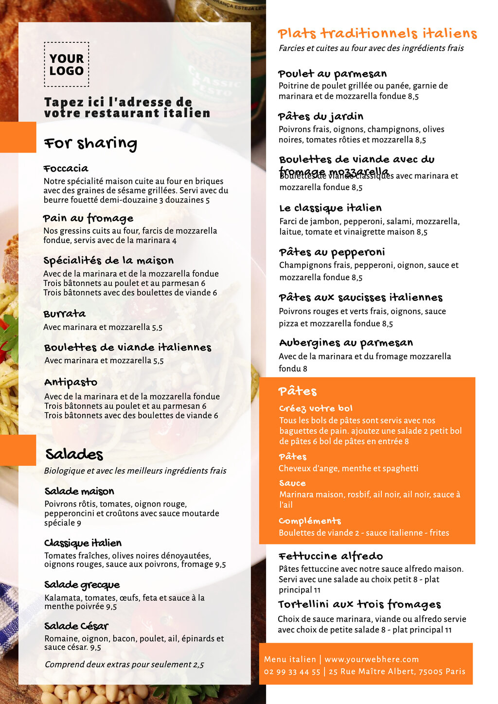 Modèles de menus de restaurants italiens à personnaliser en ligne