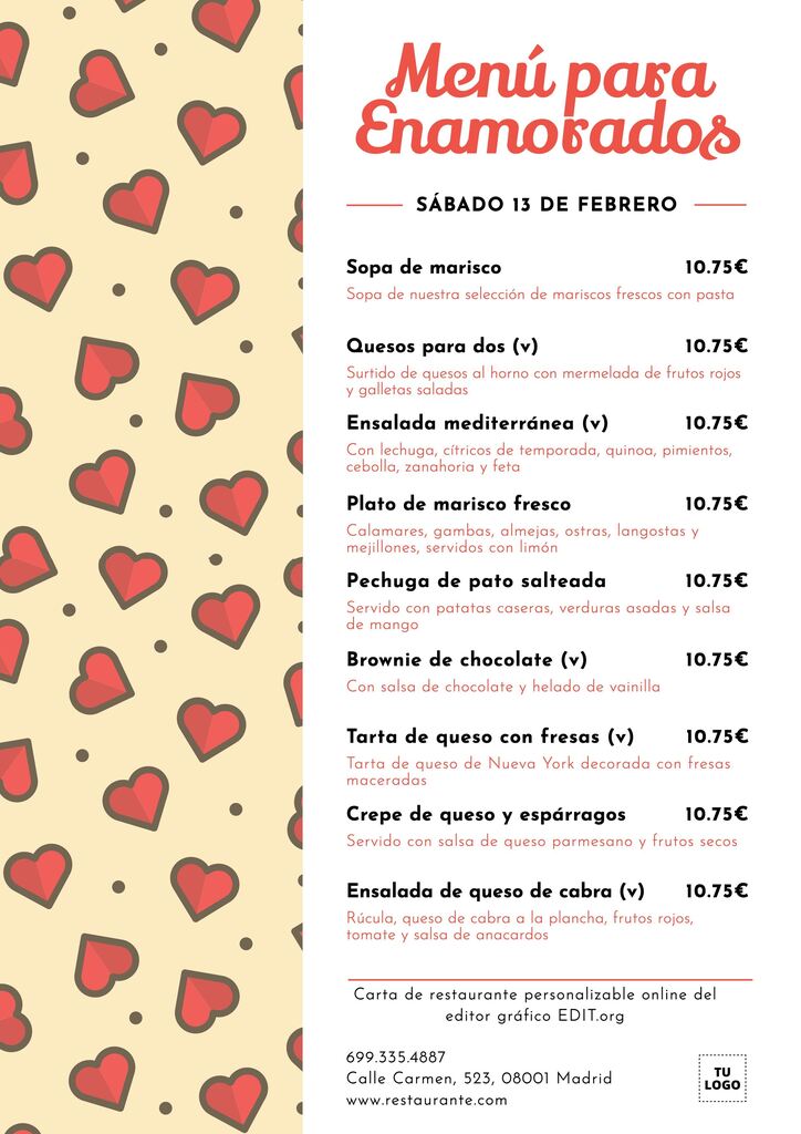 Diseños de menús de San Valentín editables para restaurantes