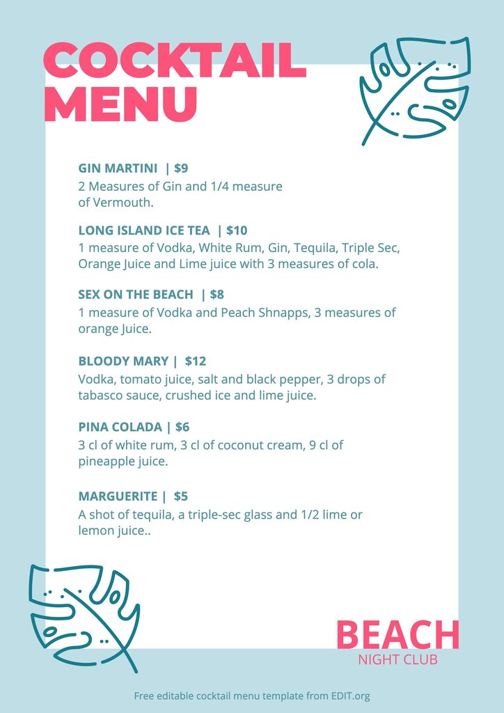 Templates for a drink menu