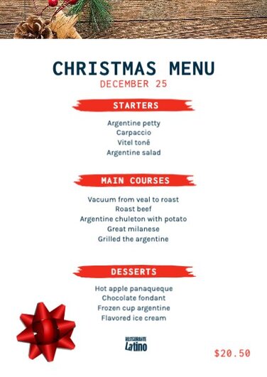Menu templates for Christmas and New Years Eve