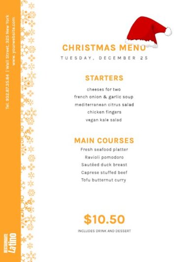 Menu templates for Christmas and New Years Eve