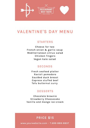 Valentine's Day restaurant menu templates