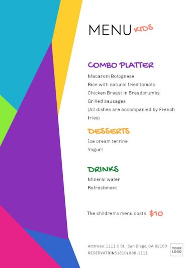 Modelli di menu per bambini per bar e ristoranti