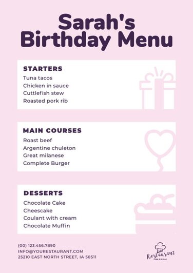 Online customizable birthday menu templates