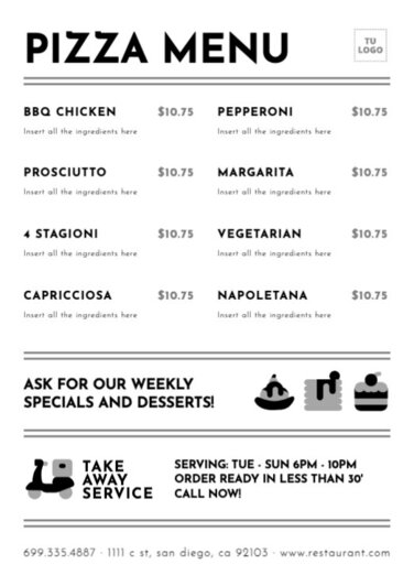 Online customizable pizza menu templates