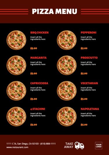 Online customizable pizza menu templates