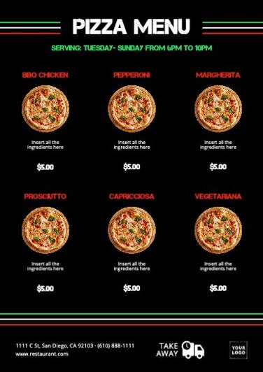 Online customizable pizza menu templates