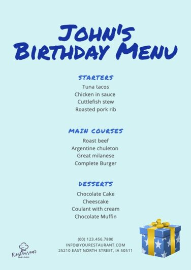 Online customizable birthday menu templates