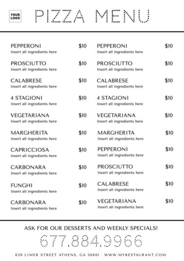 Online customizable pizza menu templates